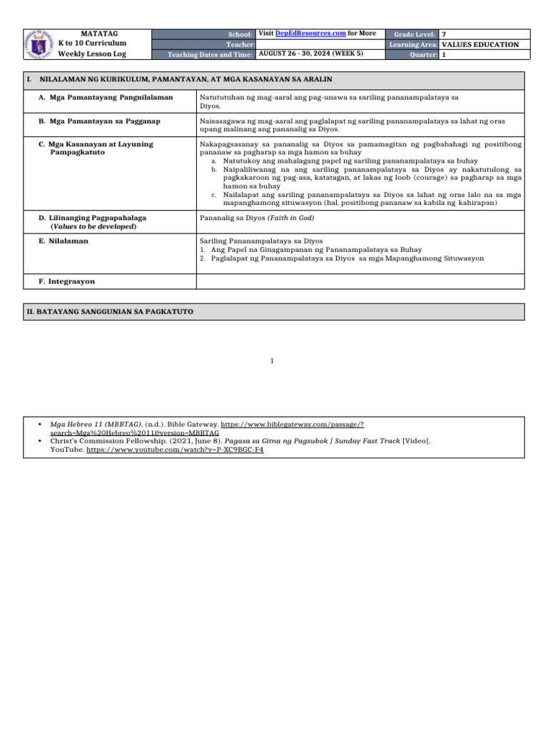 DLL Matatag - Values Education 7 q1 w5 | PDF
