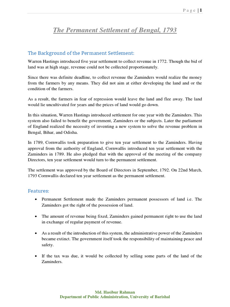 The Permanent Settlement of Bengal | PDF | Taxes | Government Finances