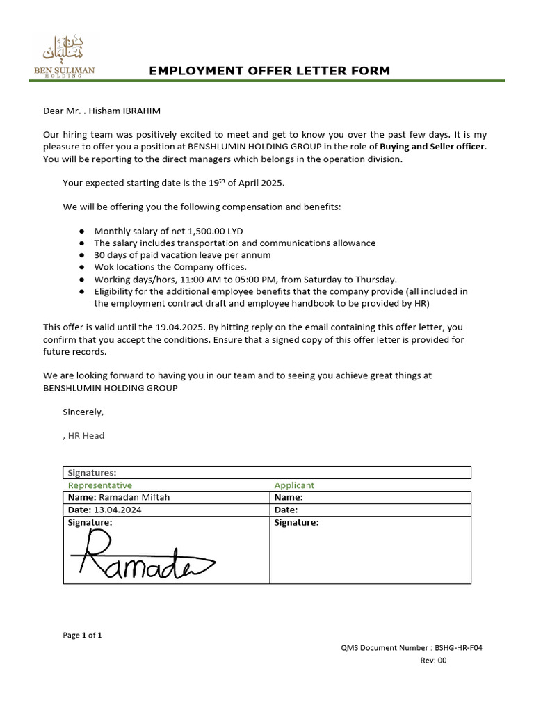 Employment Offer Letter for Hisham Ibrahim | PDF