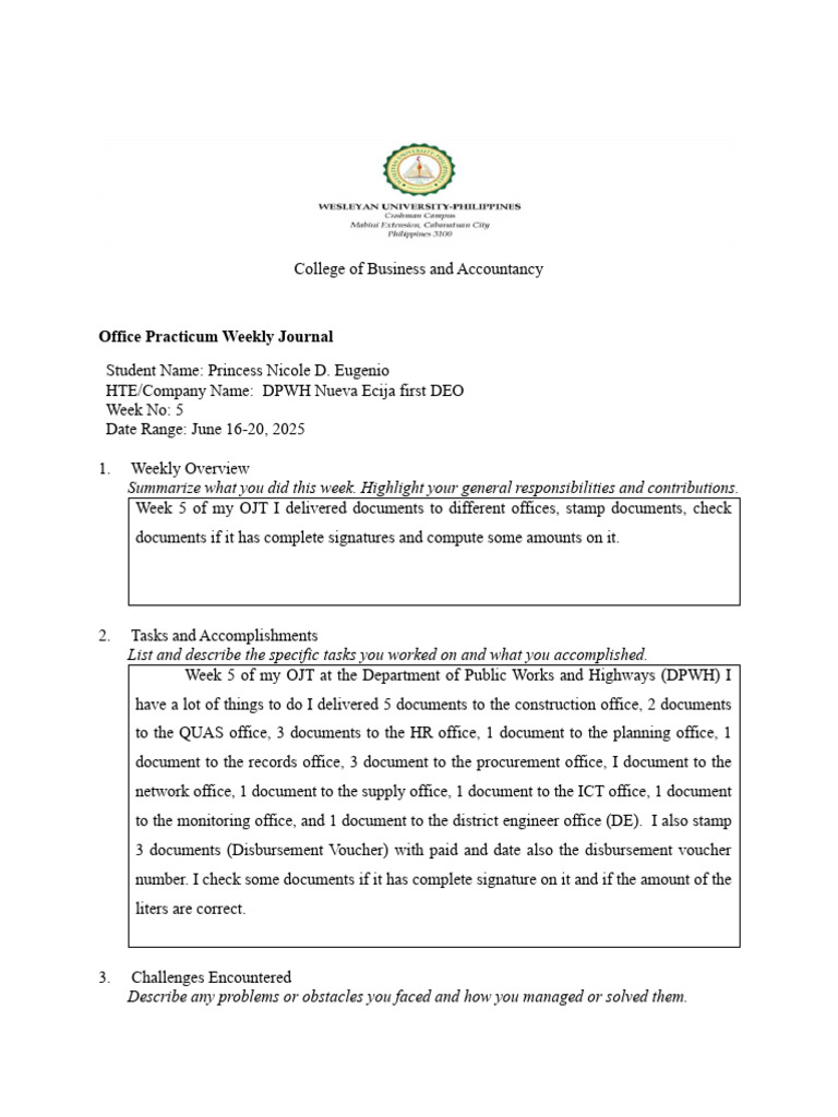 OJT Weekly Journal: DPWH Tasks Overview | PDF