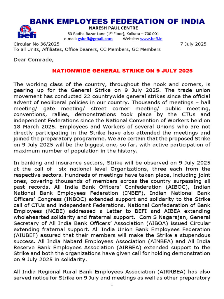 Nationwide General Strike on 9 July 2025 | PDF | Strike Action ...