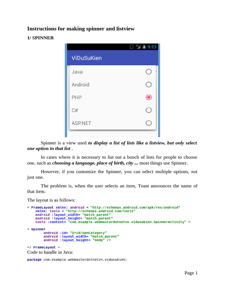 66d29a105c5ec1d3fd55a502 Lab5 Spinner ListView Custom-ListView | PDF | Java (Programming ...