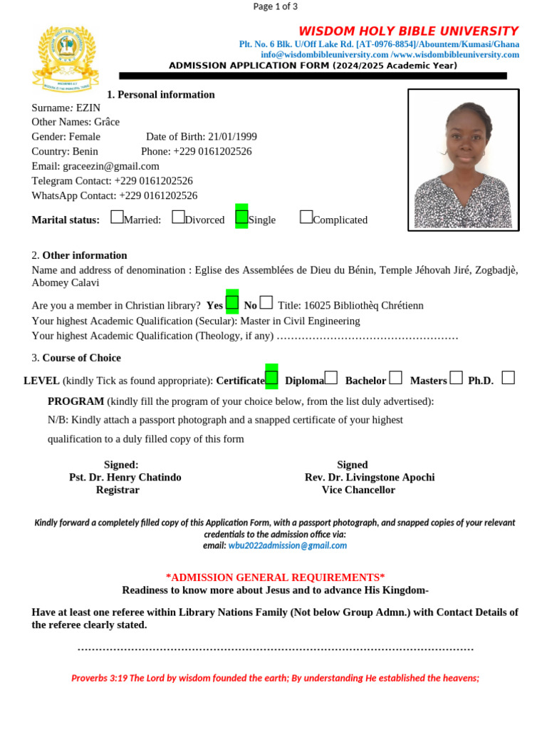 Whbu Admission Application Form - 2024 - 2025 Ezin Grace - 023954 | PDF | Book Of Proverbs ...
