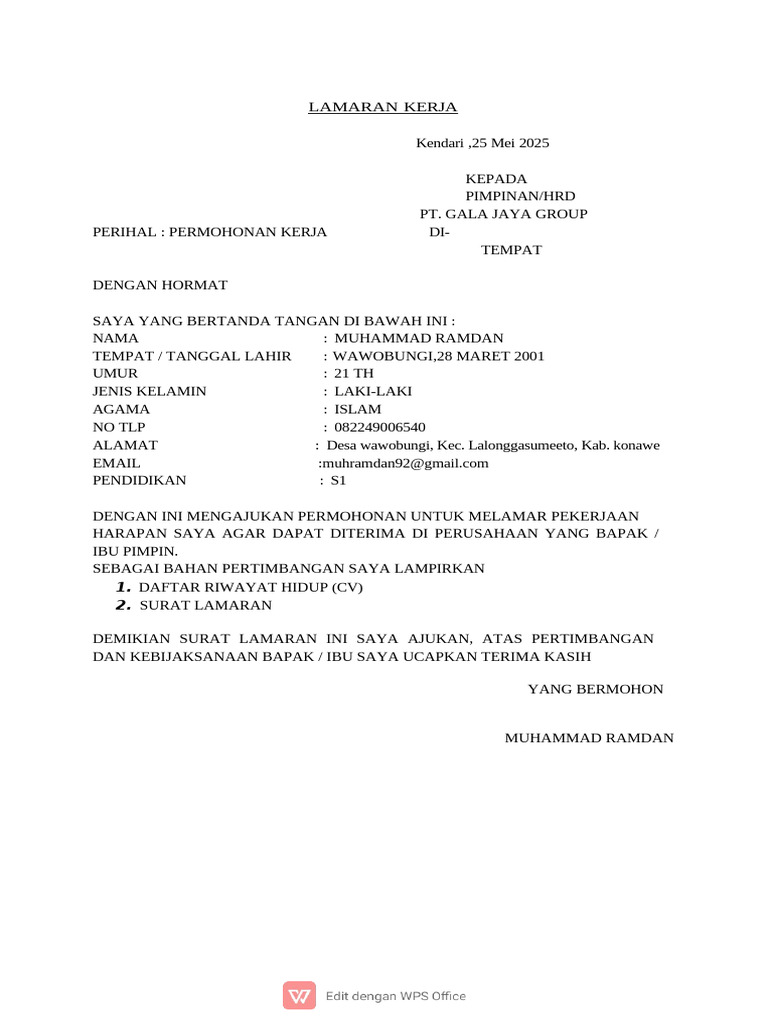 Lamaran Kerja Muhammad Ramdan | PDF
