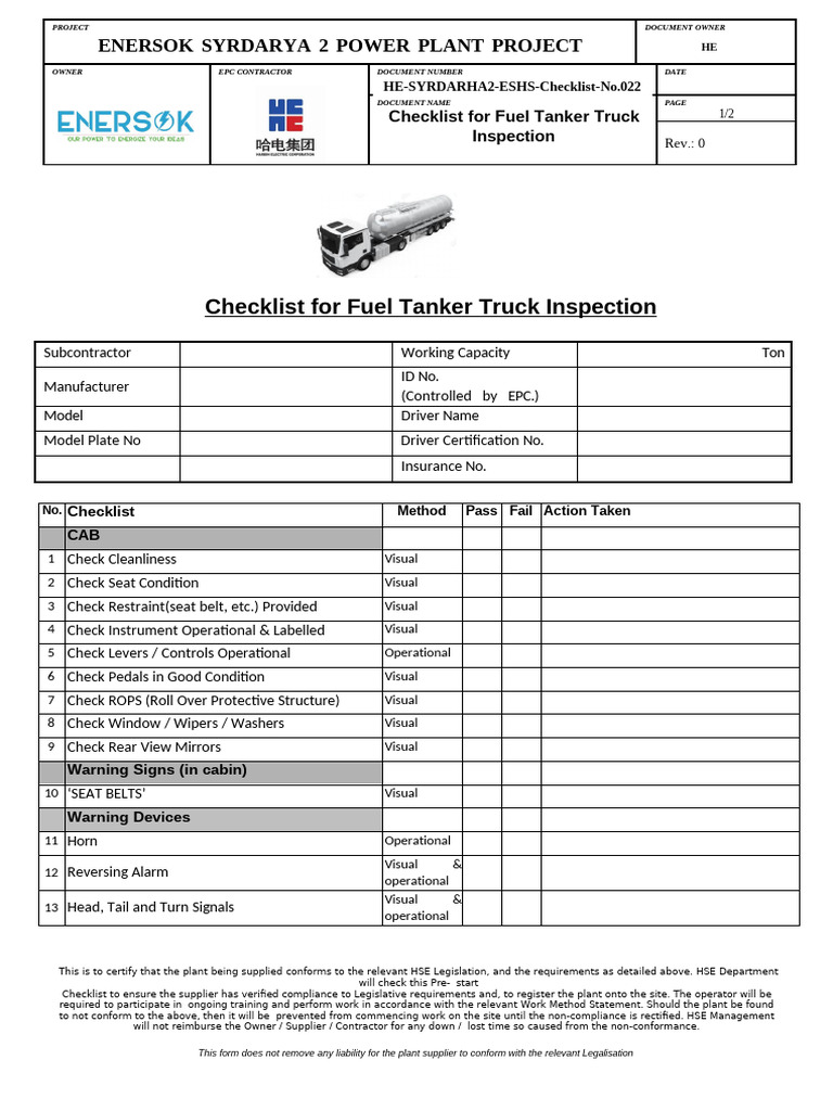 22 HE SYRDARНA2 ESHS Checklist No 022 for Fuel Tanker Truck Inspection ...