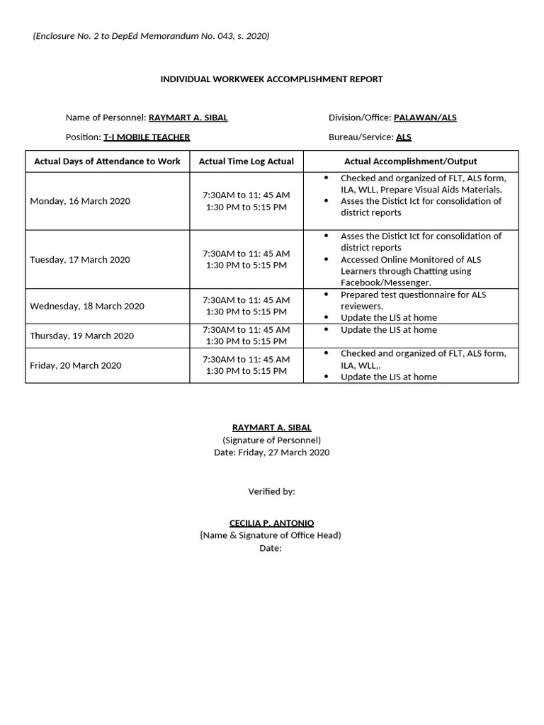Individual Workweek Accomplishment Report Als Week 1 MT | PDF