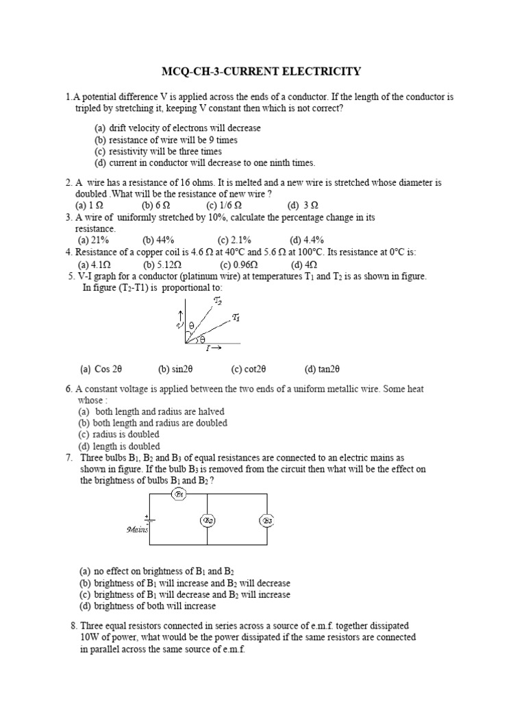 MCQ CH 3 Electricity | PDF | Series And Parallel Circuits | Quantity