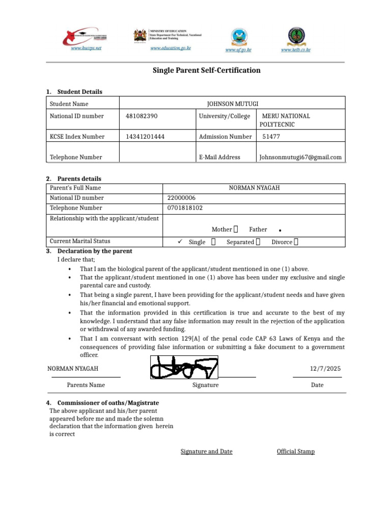 Single Parent Self Certification 2024 | PDF