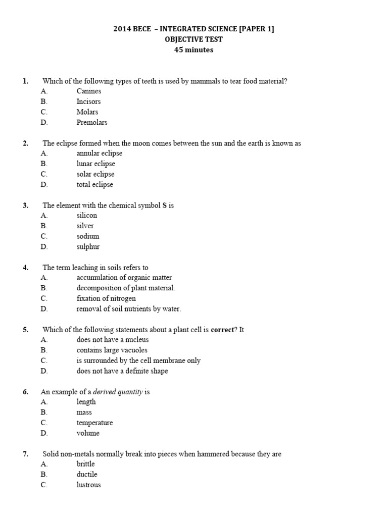 2014 BECE Integrated Science Questions | PDF | Soil | Water