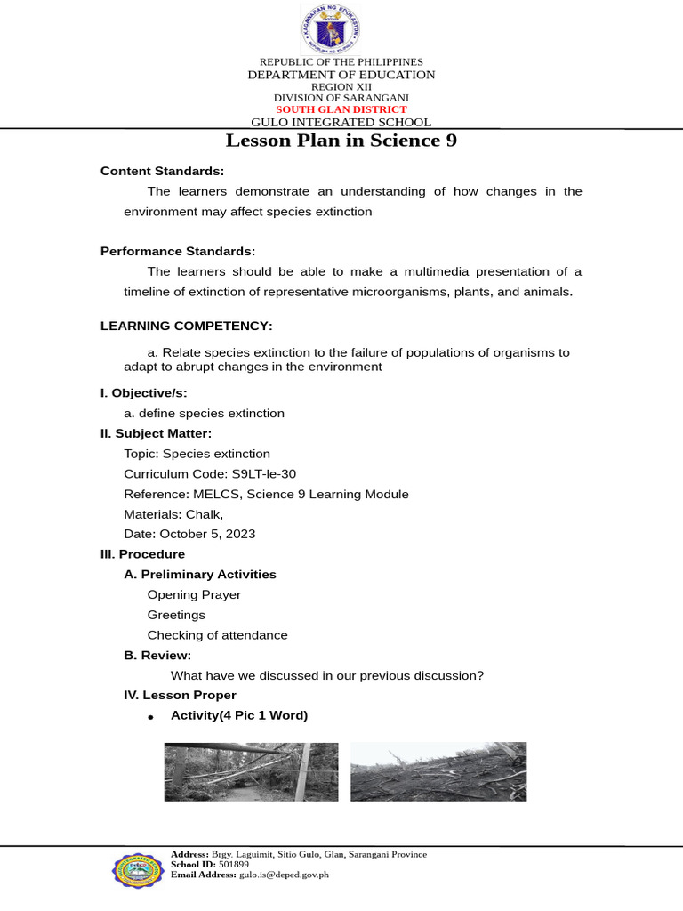 Science 9 Lesson Plan: Species Extinction | PDF | Forests | Deforestation