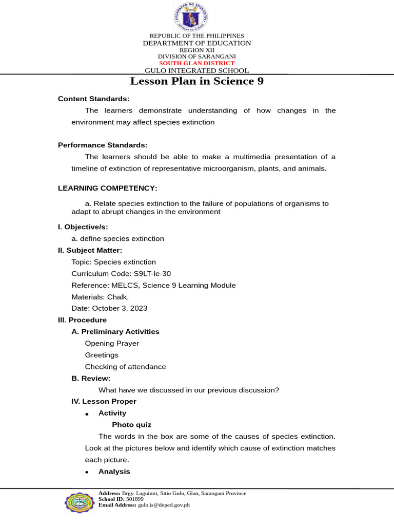 Science 9 Lesson Plan: Species Extinction | PDF | Endangered Species ...