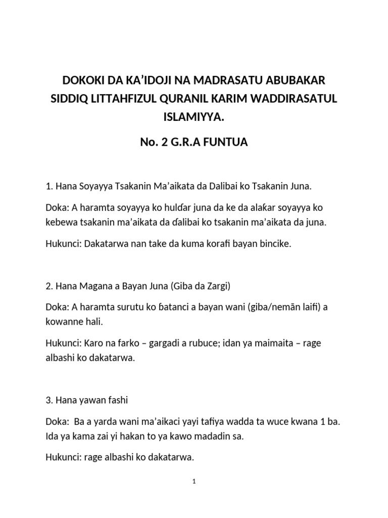 Dokoki Da Ka'Idoji Na Madrasatu Abubakar Siddiq Littahfizul Quranil ...