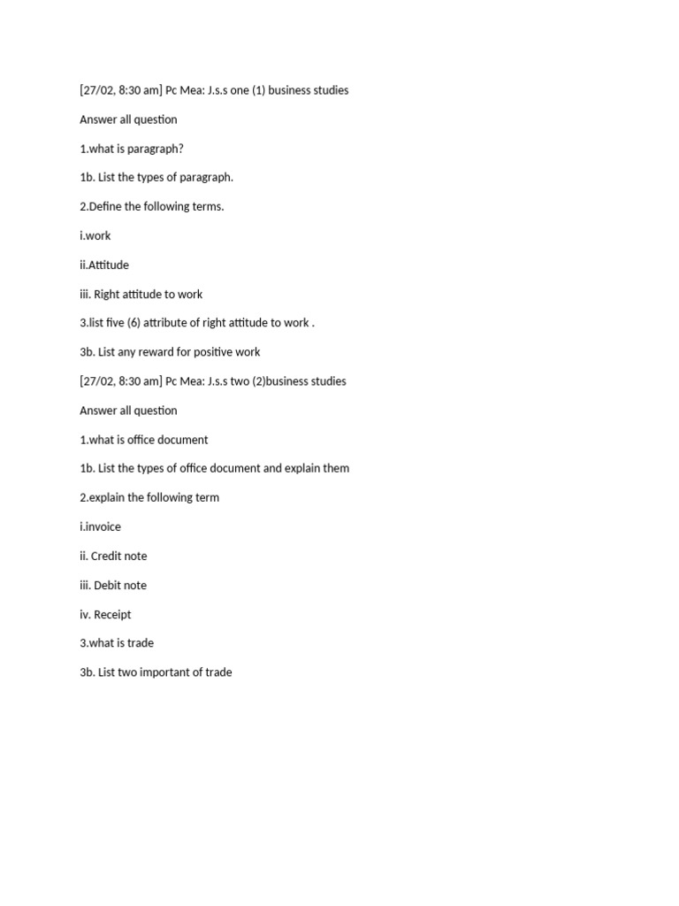 Business Studies Q&A for J.S.S. 1 & 2 | PDF