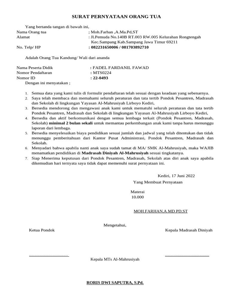 Pernyataan Pondok Fardan | PDF