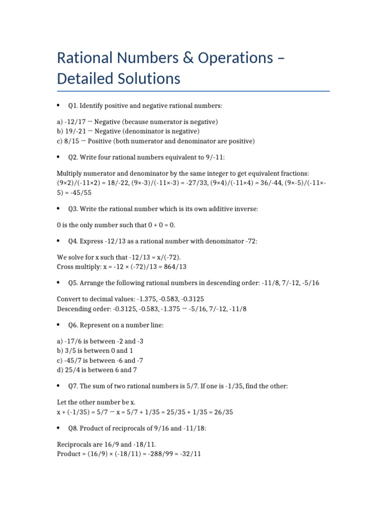 Rational Numbers Detailed Solutions | PDF | Rational Number | Mathematical Objects