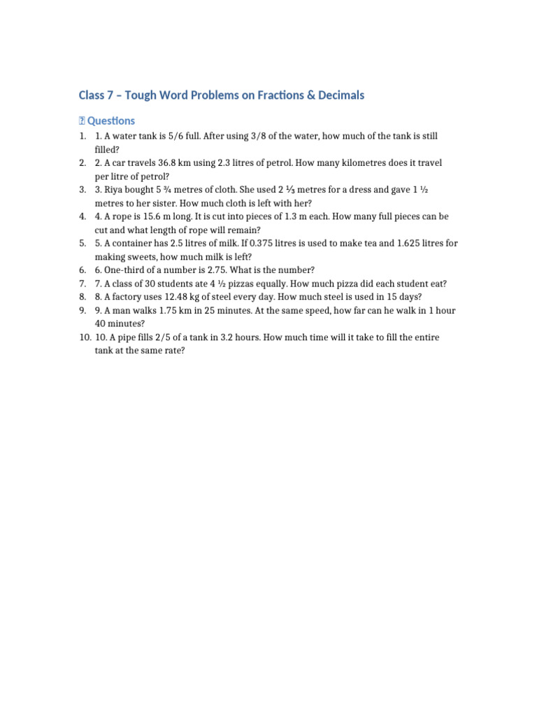Class 7 Word Problems: Fractions & Decimals | PDF