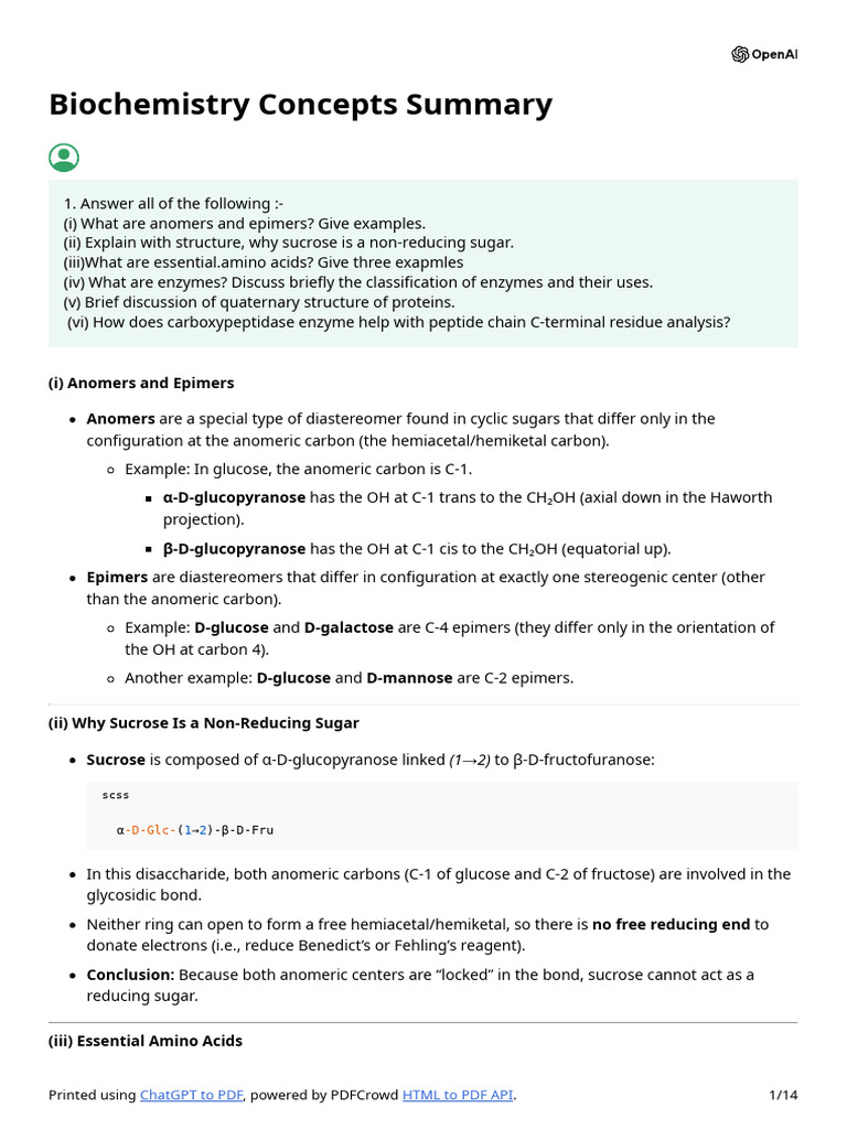 Biochemistry Concepts Summary | PDF | Cofactor (Biochemistry) | Glucose