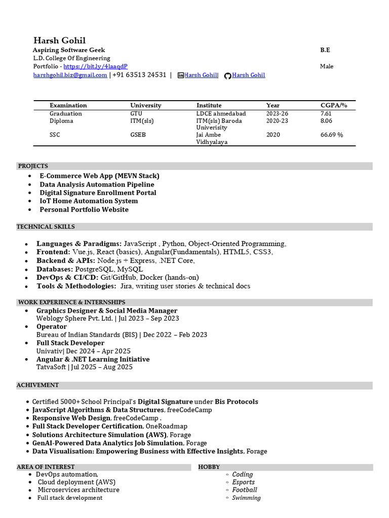 LDCE Harsh Gohil Resume | PDF | Computing | Information Technology
