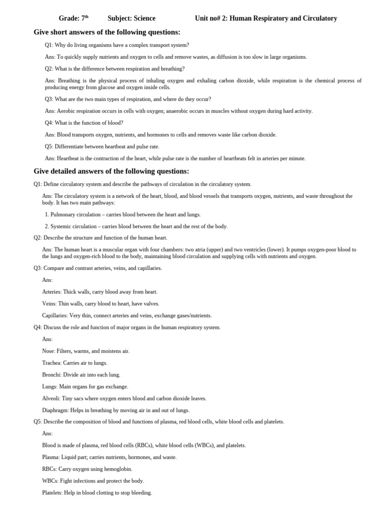 Grade 7th Science Chapter No 2 | PDF | Circulatory System | Respiratory ...