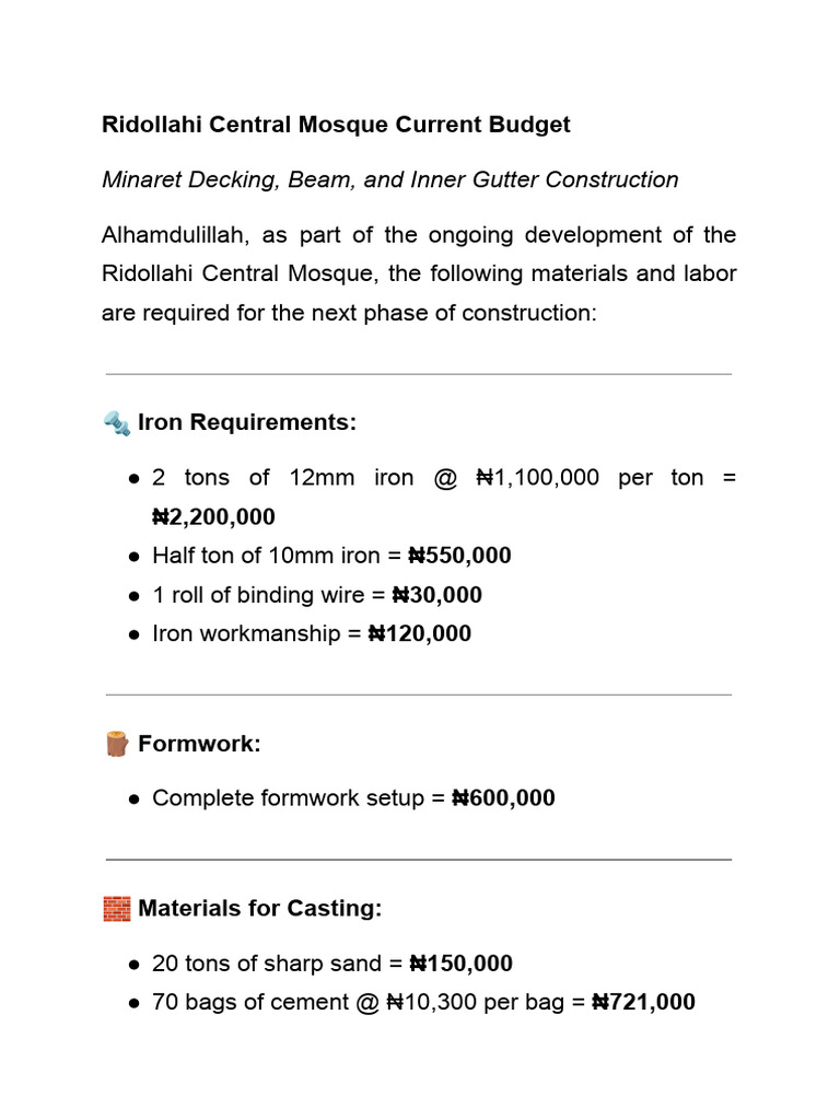 Ridollahi Central Mosque Current Budget-1 | PDF