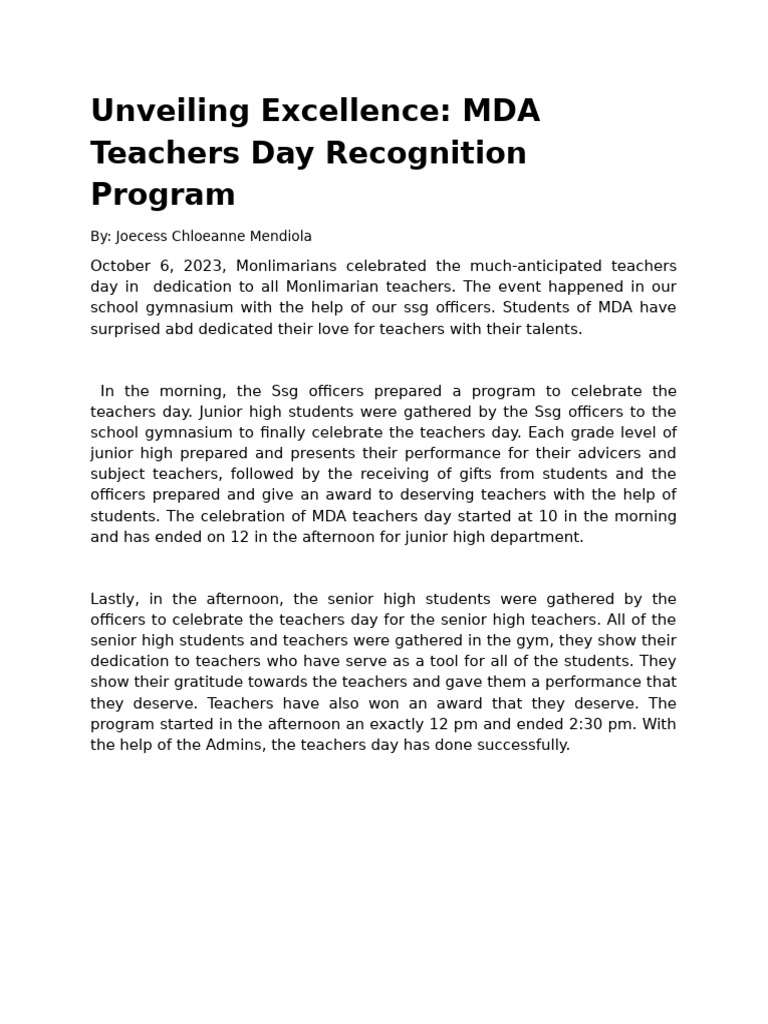 Unveiling Excellence.. MDA Teachers Day Recognition Program | PDF