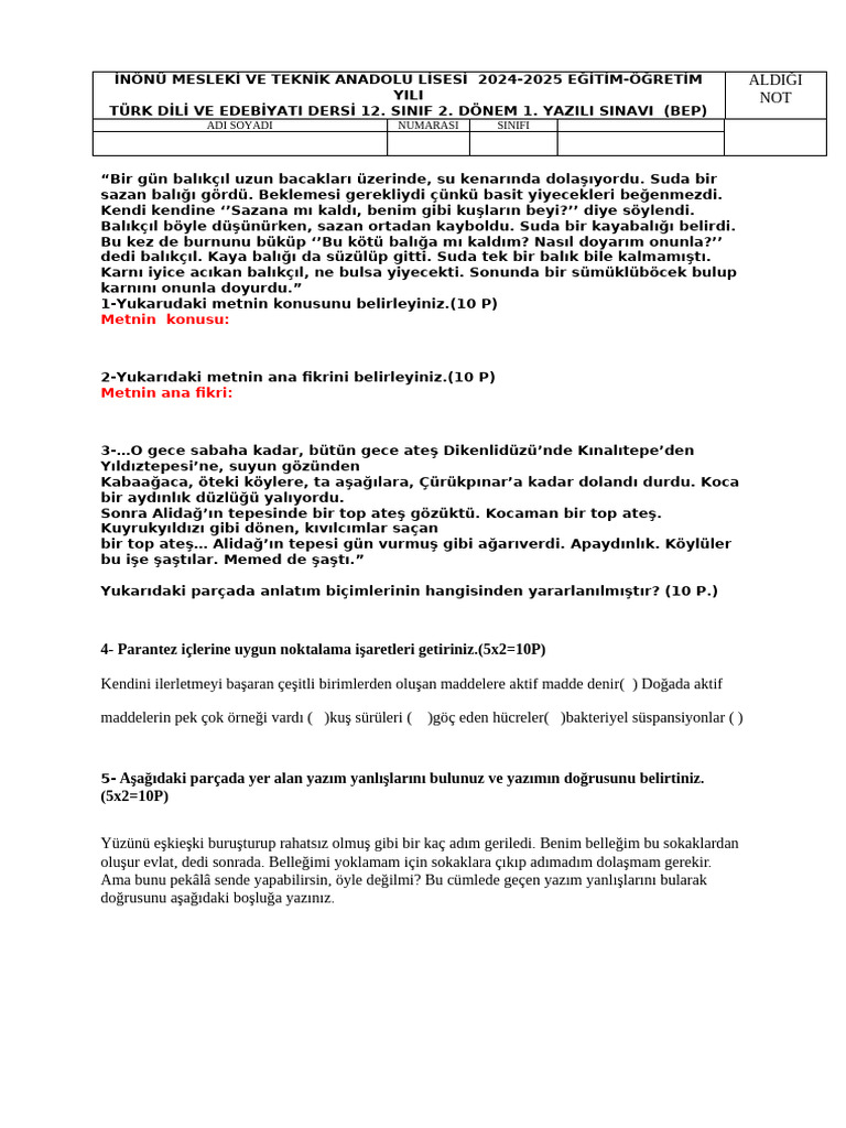 12 Sınıf 2. Dönem 1. Yazılı BEP | PDF