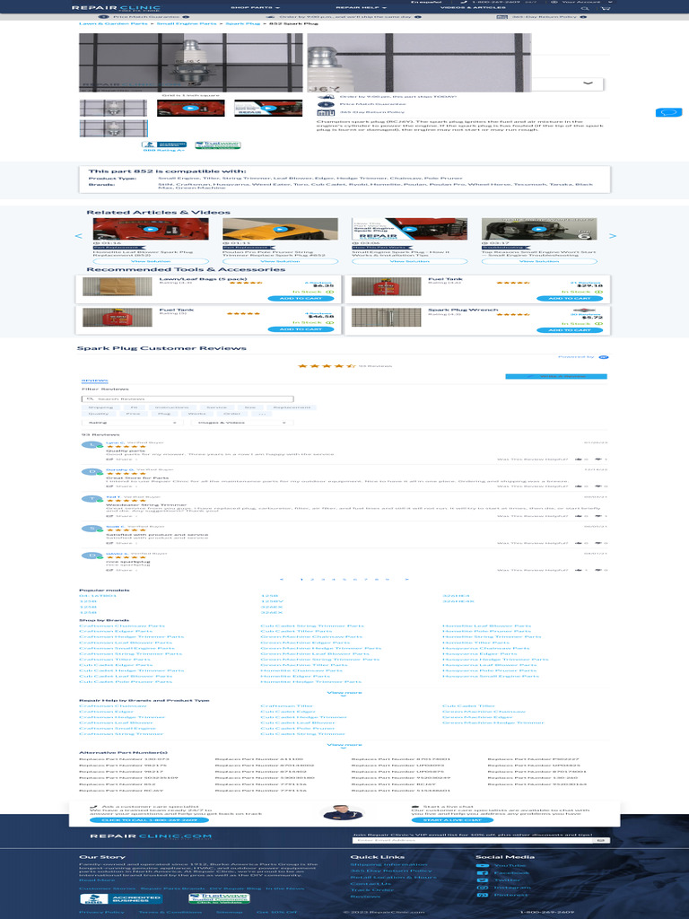 Small Engine Spark Plug 852 - Spark Plug - Repair Clinic | PDF