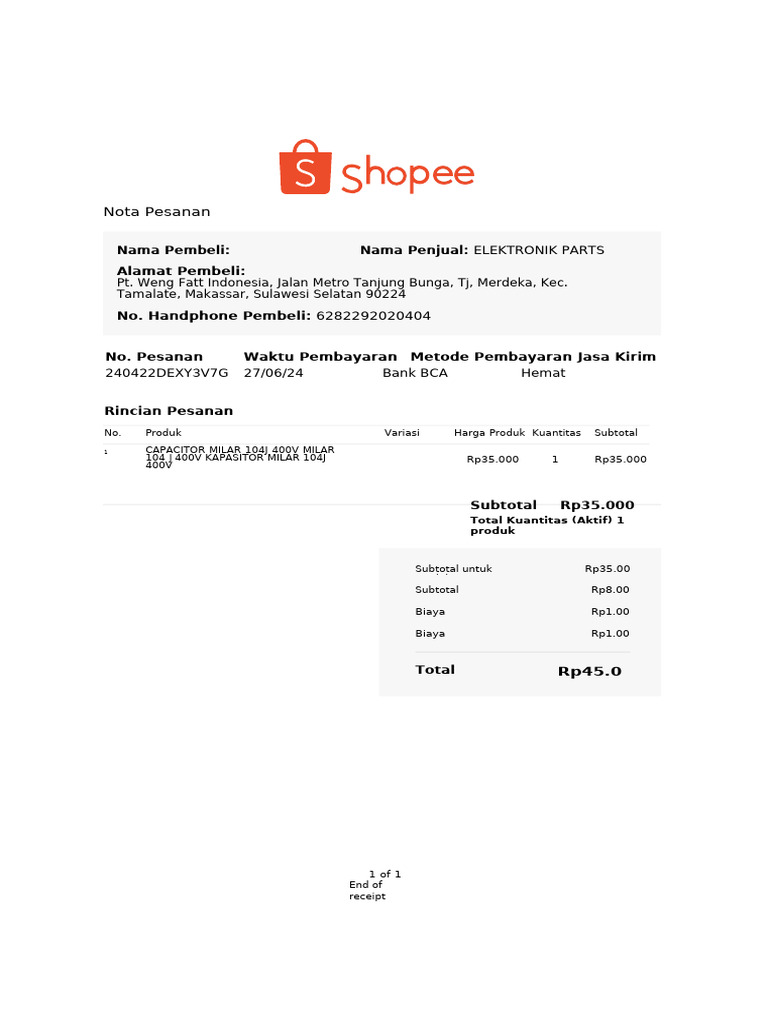 Invoice SHOPEE | PDF