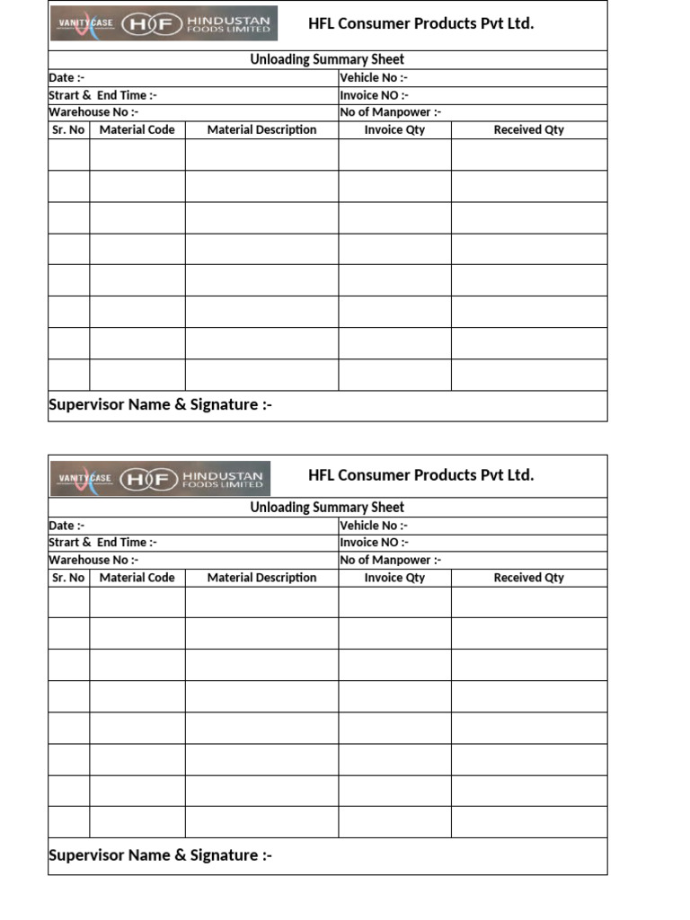 Unloading Summary Sheet | PDF