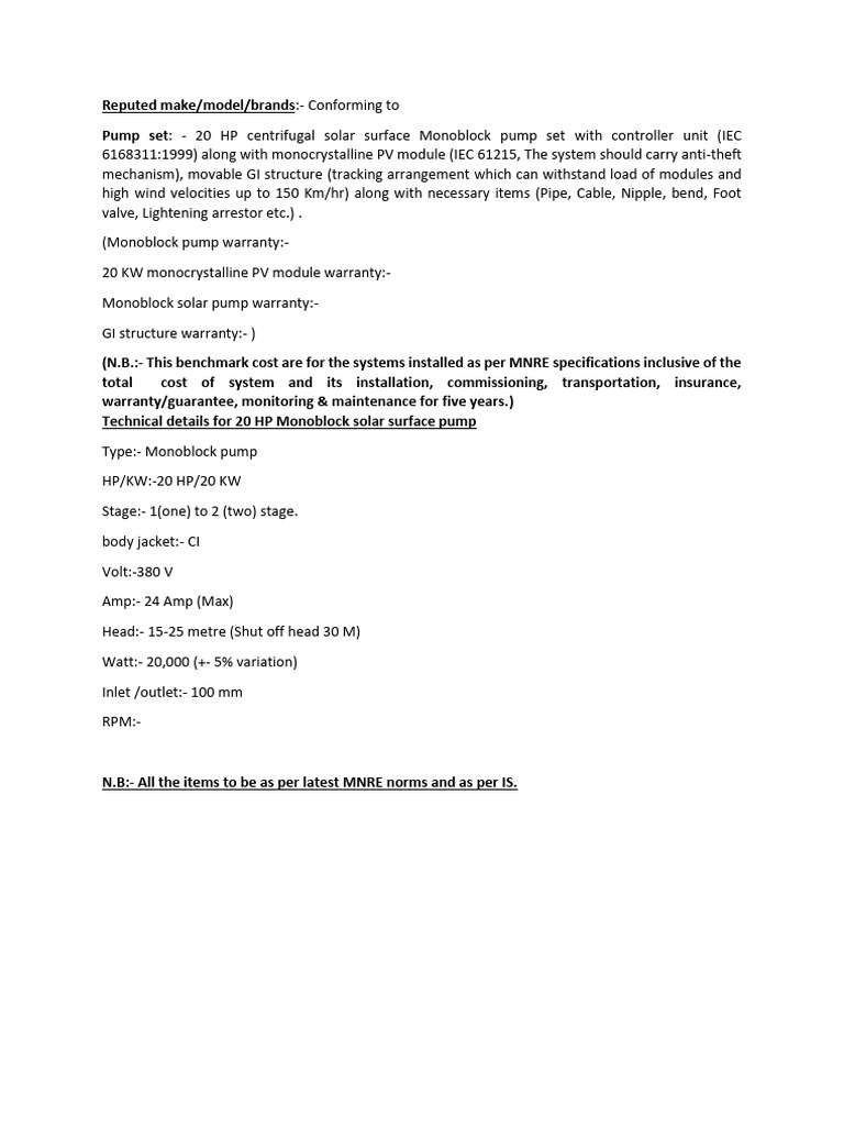 20 HP Solar Monoblock Pump Specifications | PDF