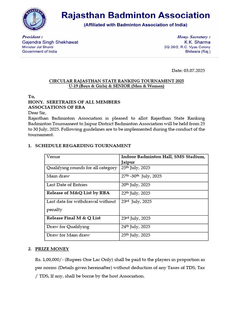 Circular - Ranking Senior & U-19 Jaipur 2025-26 | PDF