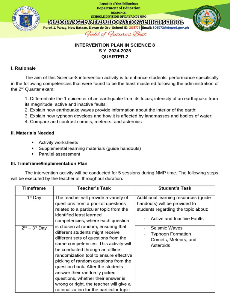 Science 8 Intervention Plan 2024-2025 | PDF | Earthquakes | Geology