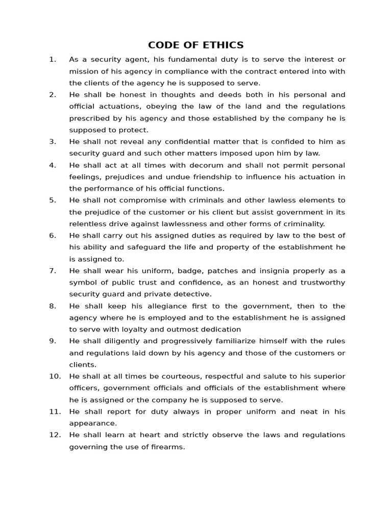 Security Guard Code of Ethics | PDF | Government | Justice