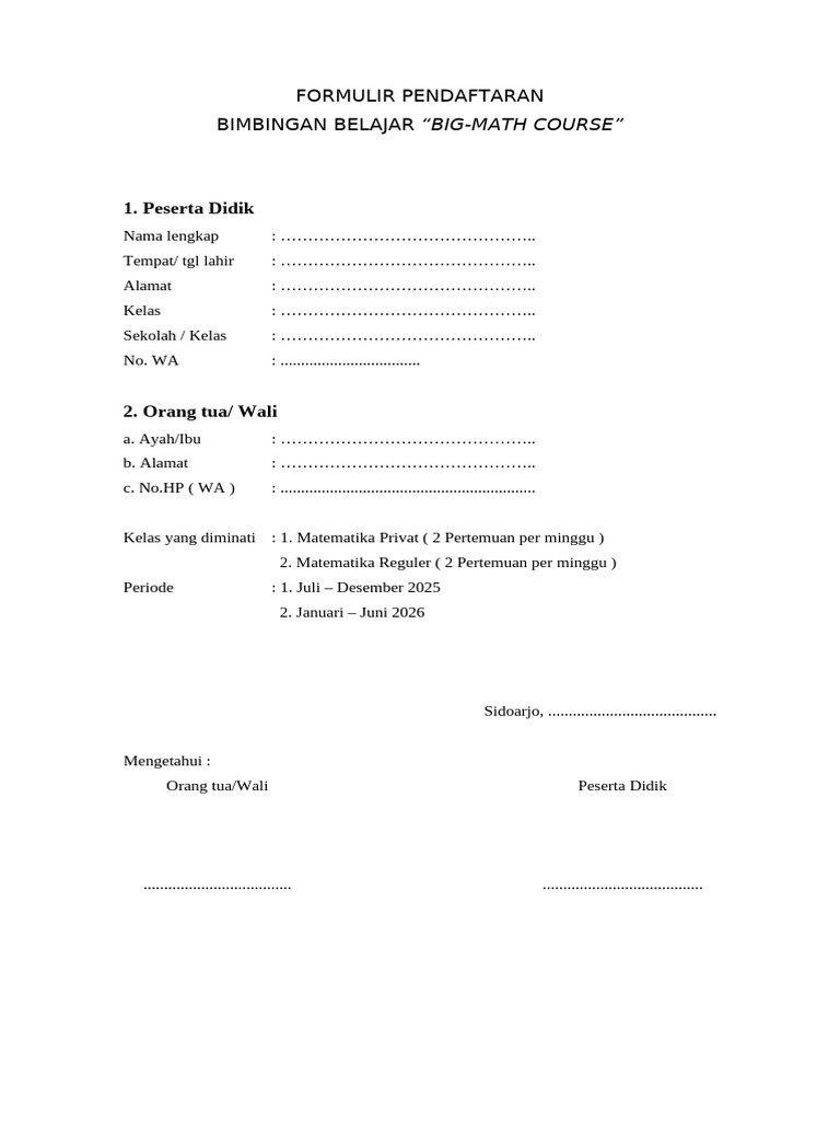 Formulir Pendaftaran Murid Baru Big-Math Course | PDF
