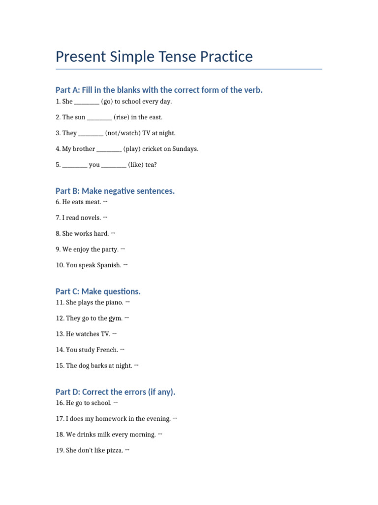 Present Simple Tense Practice No Marks | PDF