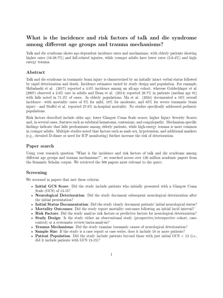 Talk and Die Syndrome Incidence Factors | PDF | Traumatic Brain Injury ...