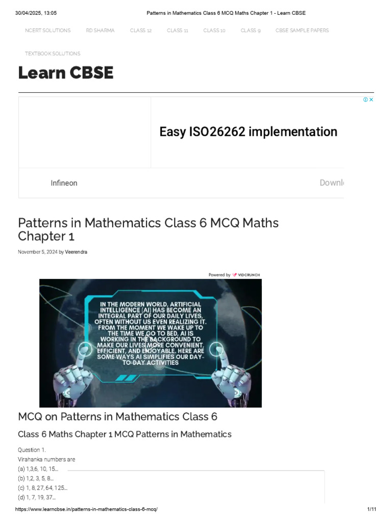 Patterns in Mathematics Class 6 MCQ Maths Chapter 1 - Learn CBSE | PDF ...