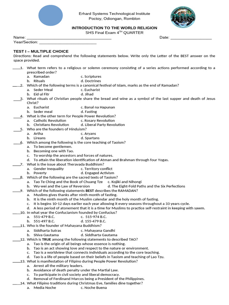 World Religion SHS Final Exam Guide | PDF | Eucharist | Goddess