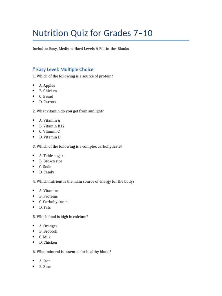 Complete Nutrition Quiz Grades 7 To 10 | PDF | Foods | Fat