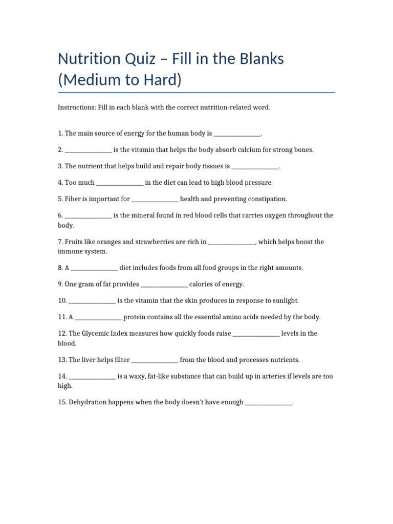 Nutrition Quiz: Fill in the Blanks | PDF