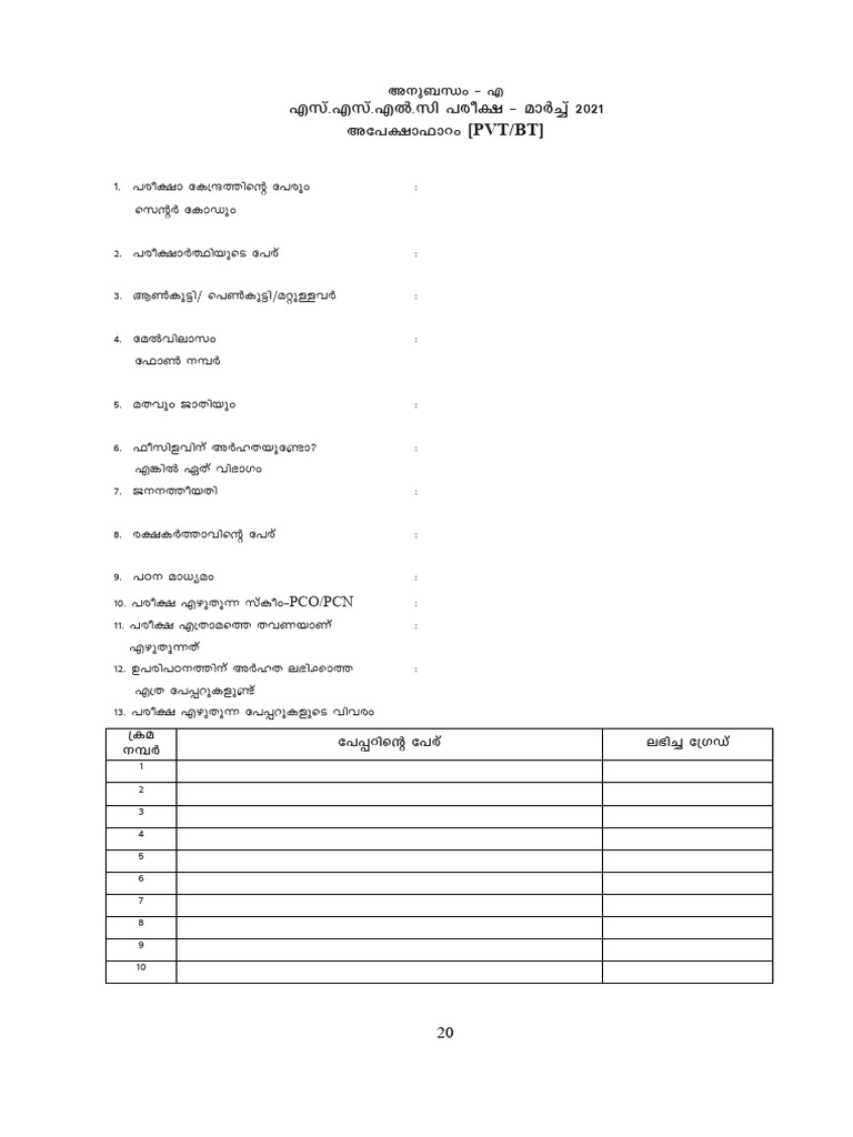 Muralipanamanna - sslc21 Application Form PVT, BT | PDF