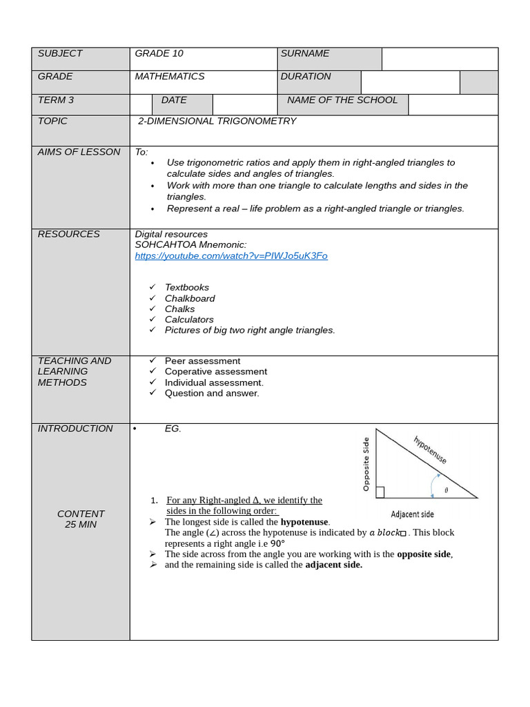 Trigonometry Grade 10 Lesson Plan | PDF | Trigonometric Functions ...