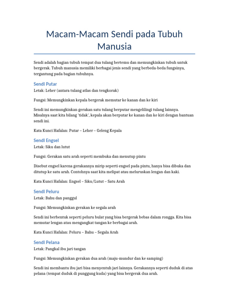 Macam-Macam Sendi Manusia Kelas 6 | PDF