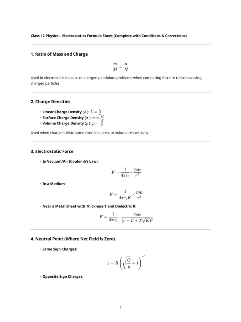 Electrostatics Formula Sheet | PDF | Capacitor | Physical Quantities