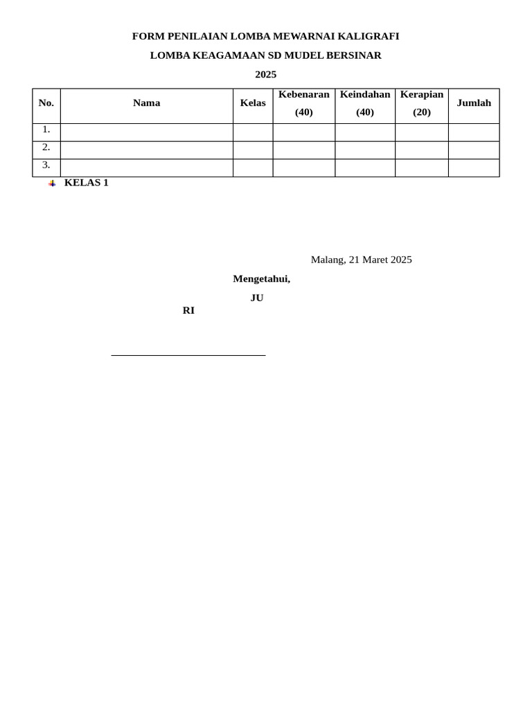 Form Penilaian Mewarna Kaligrafi (1-2) Dan Menulis Khot (3-6) | PDF