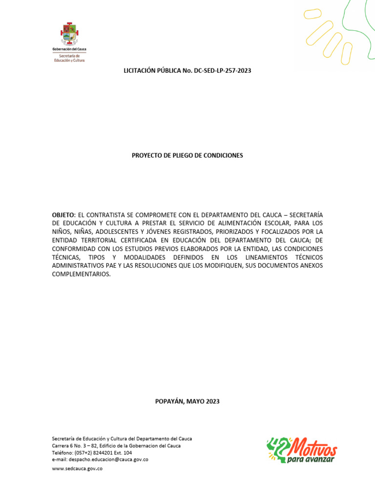 8.proyecto de Pliego de Condiciones Pae | PDF