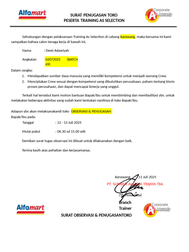 Surat Penugasan Toko Peserta TAS Batch 49 | PDF