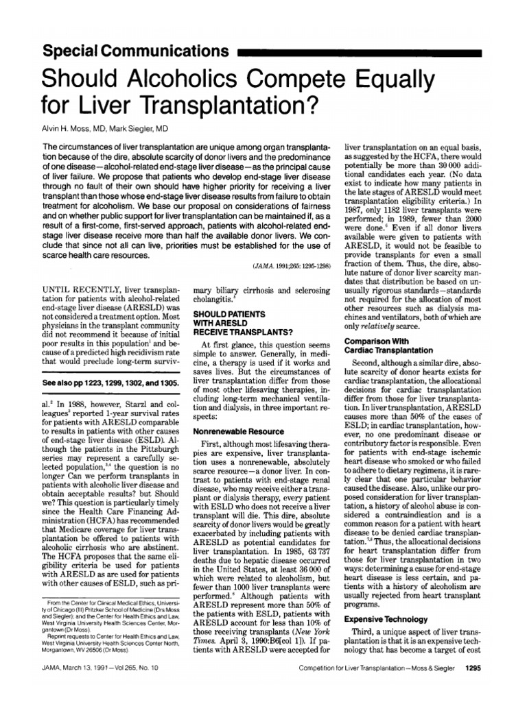 Moss Siegler - Should Alcoholics Compete Equally For Liver Transplantation | PDF | Organ ...