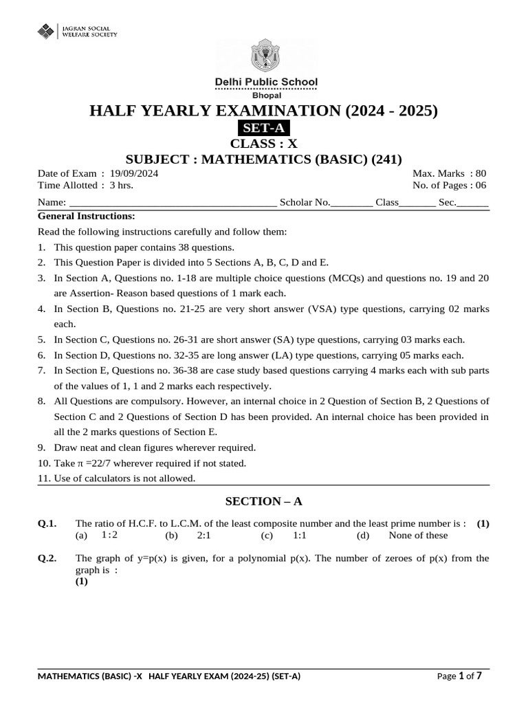 Math (Basic) - X Hy Exam (2024-25) (Set-A) | PDF | Zero Of A Function ...