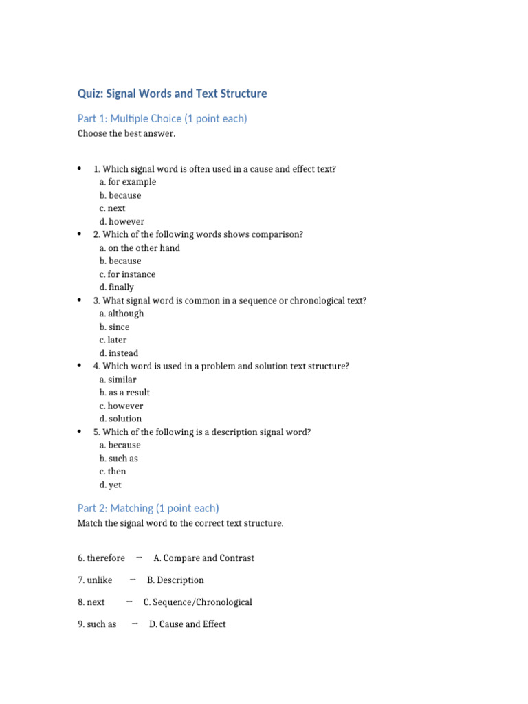 Signal Words and Text Structures Quiz | PDF